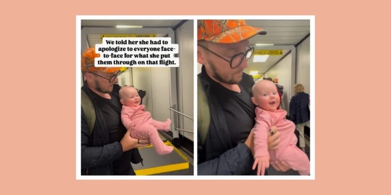 Dad makes baby apologize to passengers after long flight in viral clip