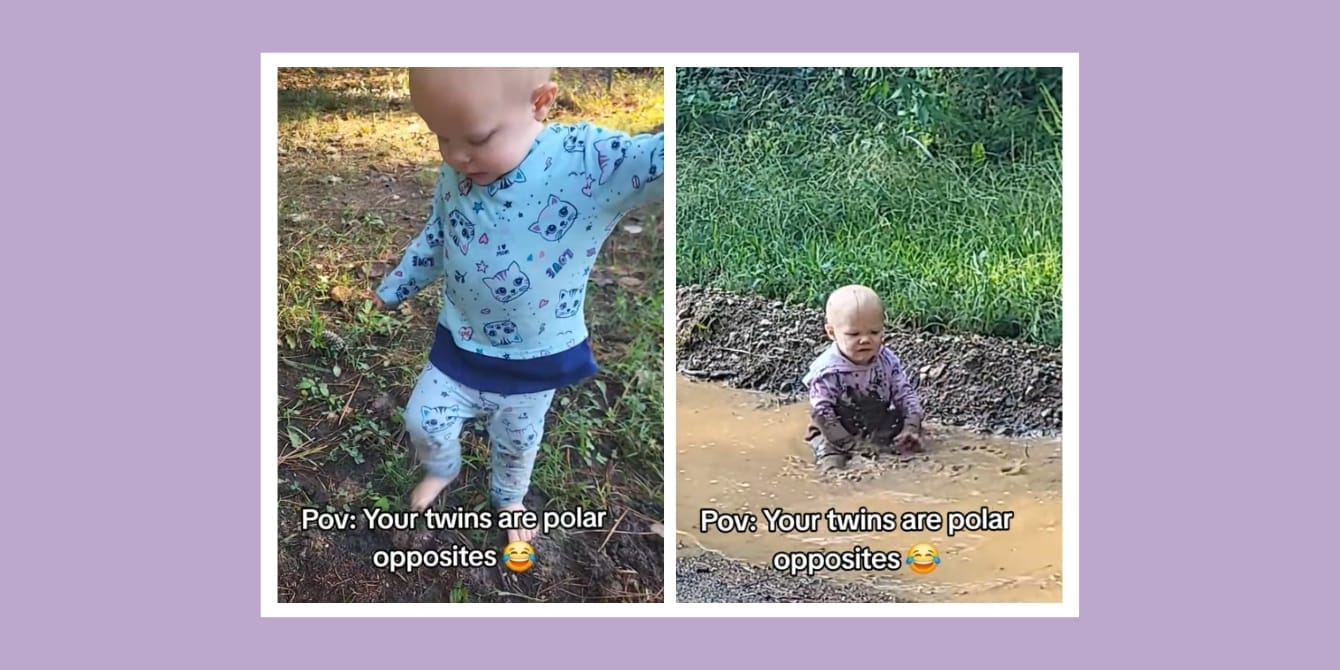 Polar-opposite twins take on a puddle — and parents can’t stop laughing